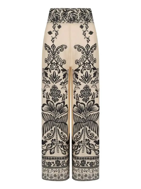 PAHIESA FORMENTERA Ecru And Black Floral Print Viscose Trousers - Beige