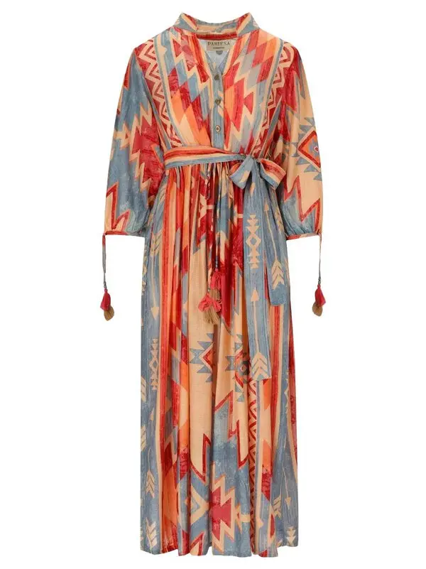 PAHIESA FORMENTERA Silk & Cotton Printed Shirt Dress With Tassels - Multicolor