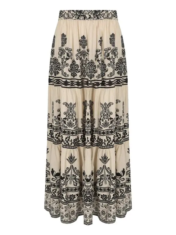 PAHIESA FORMENTERA Ecru And Black Printed Viscose Maxi Skirt - Beige
