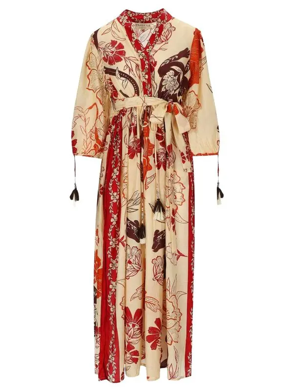 PAHIESA FORMENTERA Printed Cotton Silk Shirt Dress - Beige