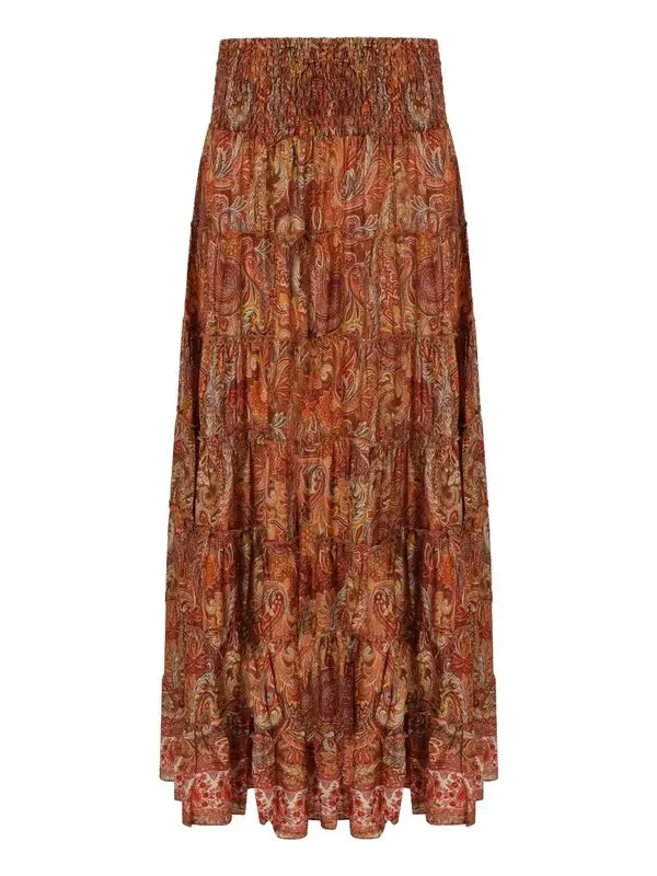PAHIESA FORMENTERA Tiered Paisley Print Silk Cotton Blend Maxi Skirt - Red