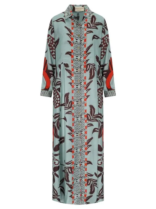 PAHIESA FORMENTERA Printed Silk And Cotton Blend Shirt Dress - Light Blue