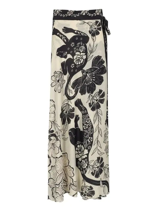 PAHIESA FORMENTERA Ecru And Black Printed Silk Cotton Wrap Skirt - Beige