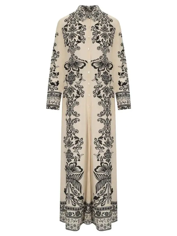 PAHIESA FORMENTERA Printed Cotton Shirt Dress - Beige