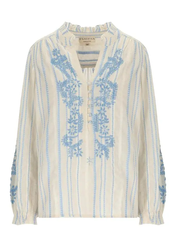 PAHIESA FORMENTERA Embroidered Cotton Blouse - Beige