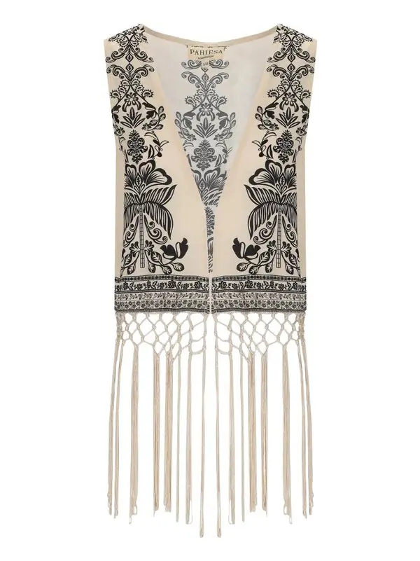PAHIESA FORMENTERA Ecru And Black Floral Print Crochet Fringe Vest - Beige