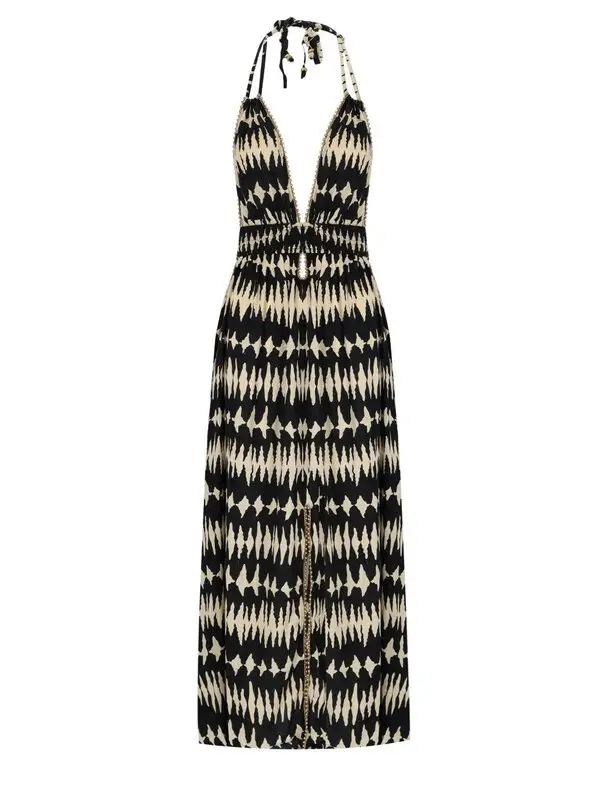PAHIESA FORMENTERA Sleeveless Maxi Dress With Abstract Print And Gold Embellishments - Black