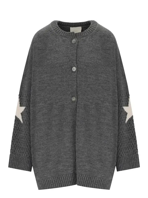 K.K. Oversized Maxi Cardigan With Jacquard Elbows - Grey