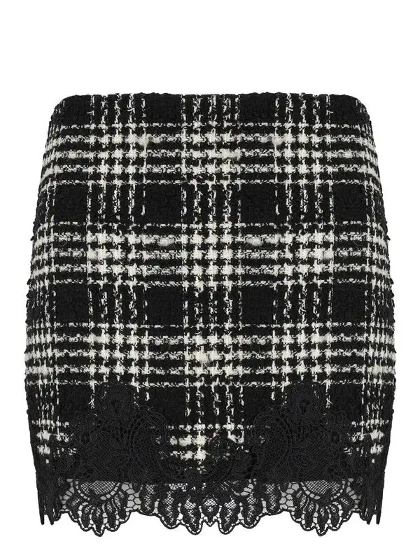 TWINSET Bouclé Check Mini Skirt With Lace Trim - Black