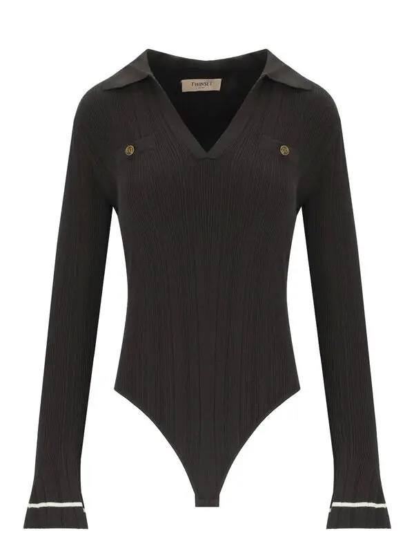 TWINSET Ribbed V-neck Bodysuit With Polo Collar - Brown