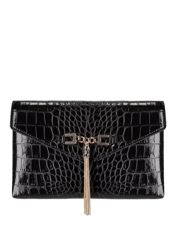 Elisabetta Franchi Croc Effect Leather Clutch With Gold Tassel - Black