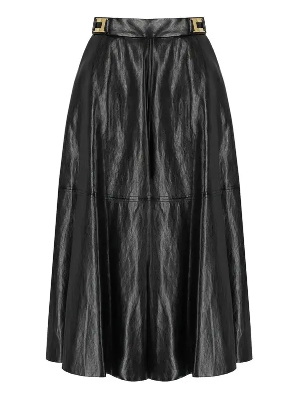 Elisabetta Franchi Faux Leather Trapeze Skirt With Gold Logo Appliqués - Black