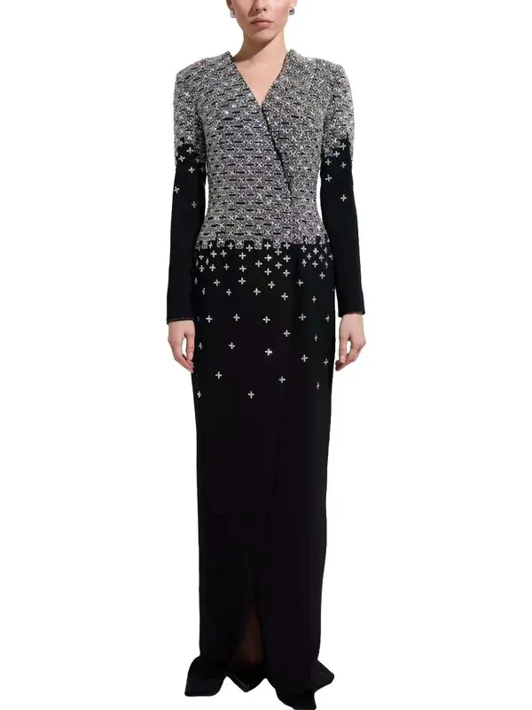 DINA MELWANI Crystal Embellished Crepe Maxi Gown - Black