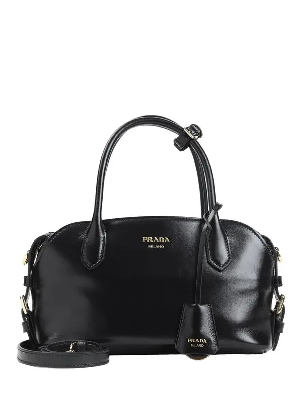 Prada Glossy Calf Leather Bowling Bag With Gold Tone Hardware - Black