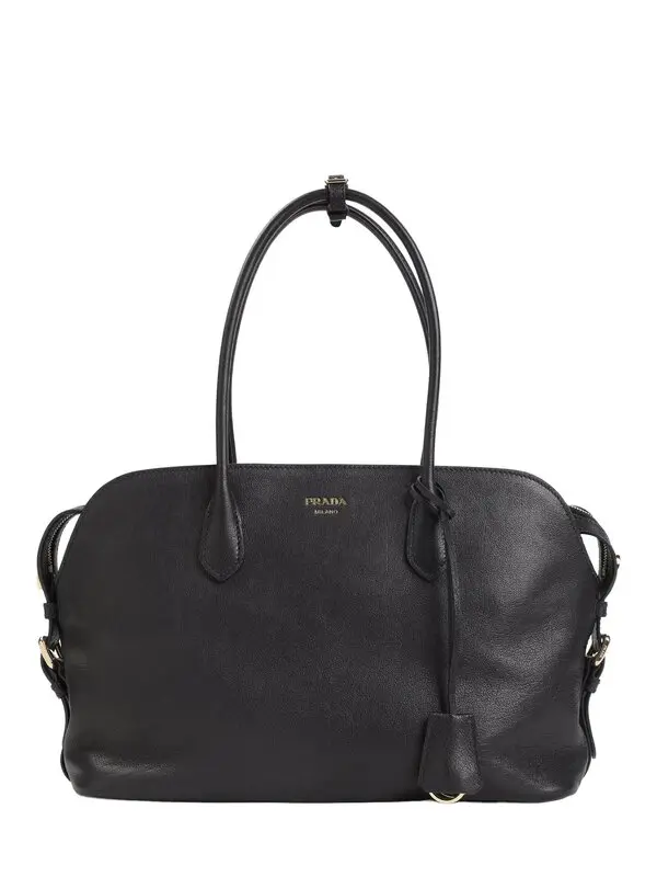 Prada Leather Shopping Bag With Printed Logo - Black