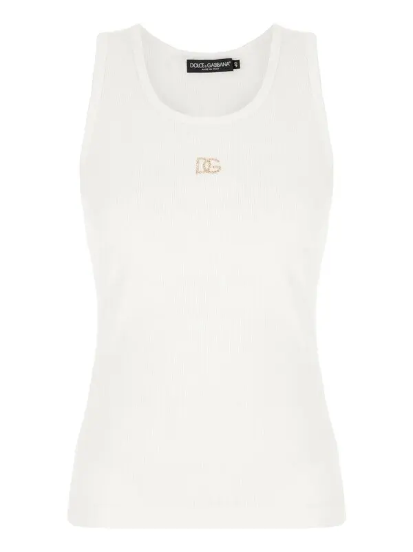 Dolce & Gabbana Ribbed Tank Top With Embellished Logo - Multicolor