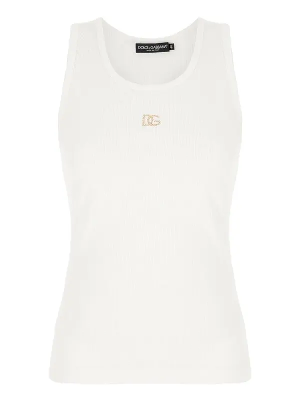 Dolce & Gabbana Ribbed Tank Top With Embellished Logo - Multicolor