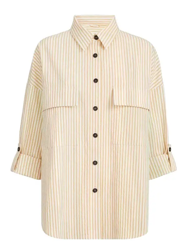 Brunello Cucinelli Techno-cotton Striped Seersucker Shirt With Monili - Neutrals