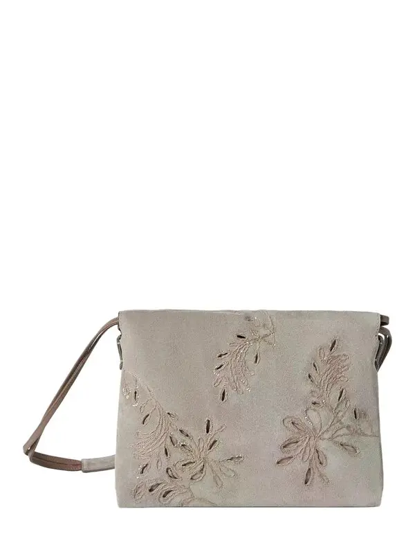 Brunello Cucinelli Suede Pouch Bag With Broderie Anglaise And Monili Embroidery - Neutrals
