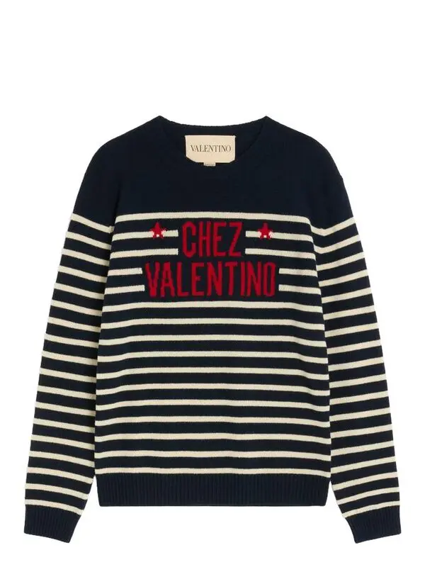 Valentino Garavani Wool Crewneck Jumper With Chez Embroidery - Blue/butter