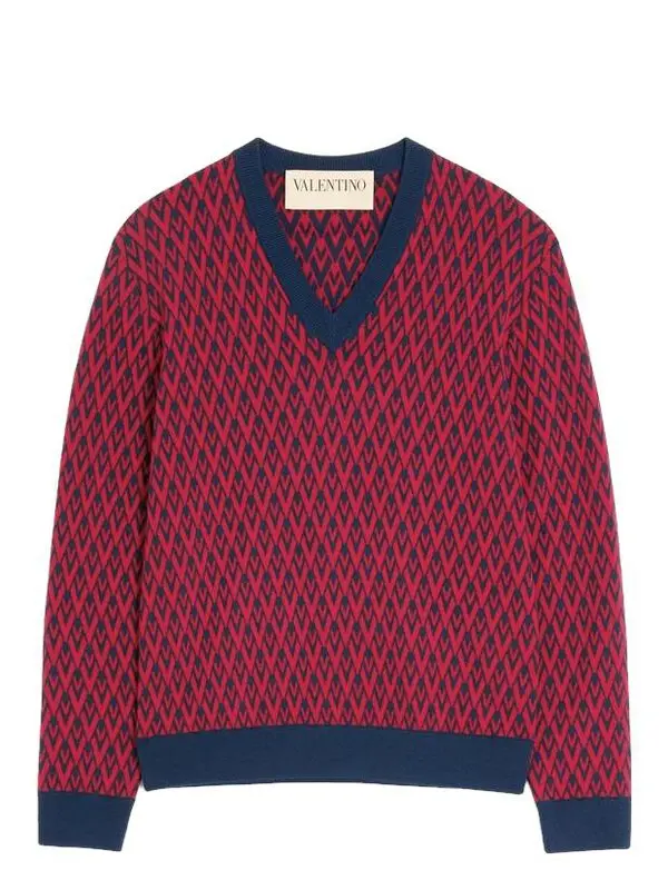 Valentino Garavani Wool Jumper With Toute La V Jacquard - Navy/ Red