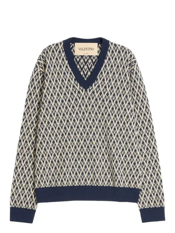 Valentino Garavani Wool Jumper With Toute La V Jacquard - Navy/cream