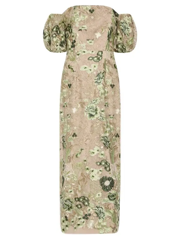 MILLY Nene Embroidered Off-the-shoulder Puff Sleeve Maxi Dress - White/green