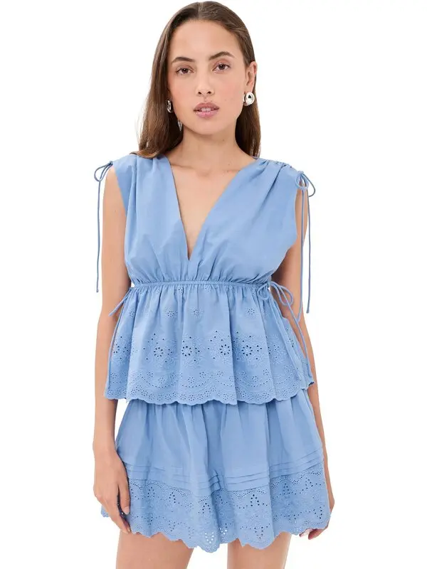 WAYF Goldie Top Sleeveless V-neck Embroidered Blouse - Chambray