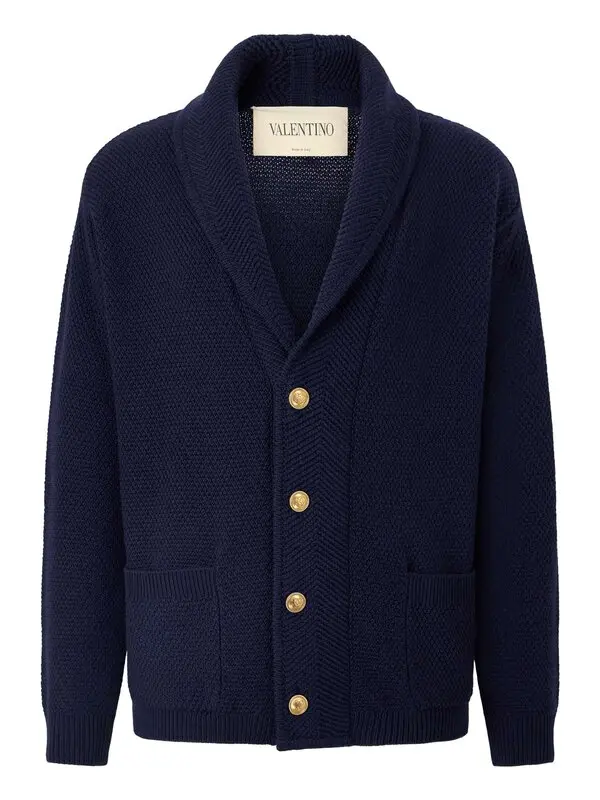Valentino Garavani Shawl Collar Textured Wool Cardigan - Navy