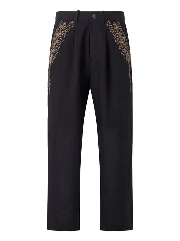 KARTIK RESEARCH Zardozi Embroidered Pleated Linen Trousers - Black