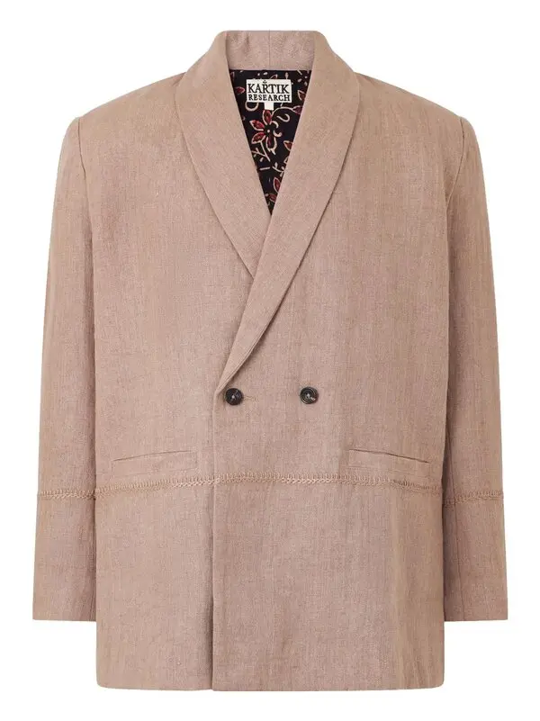 KARTIK RESEARCH Double-breasted Linen Blazer With Rabari Embroidery - Brown