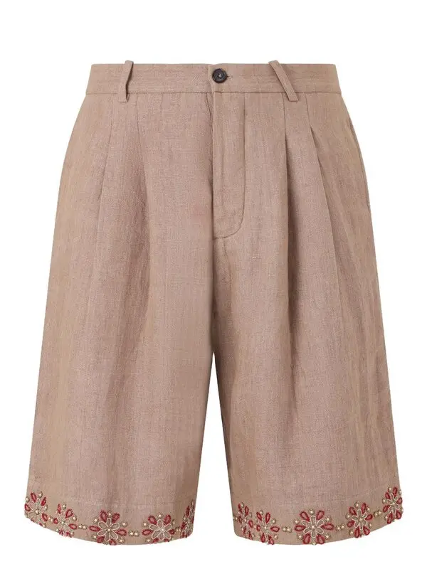 KARTIK RESEARCH Embellished Pleated Linen Shorts - Brown