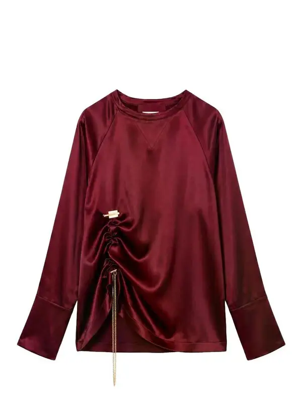 DANAME Two-piece Set: Satin Ruched Blouse And Straight Pants - Red