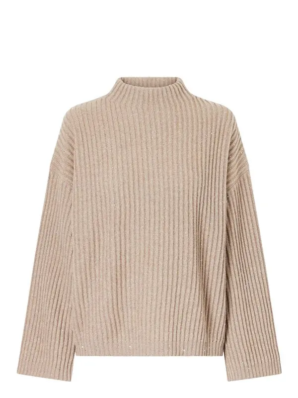 Brunello Cucinelli Sequin-trimmed Ribbed-knit Turtleneck Sweater - Neutrals
