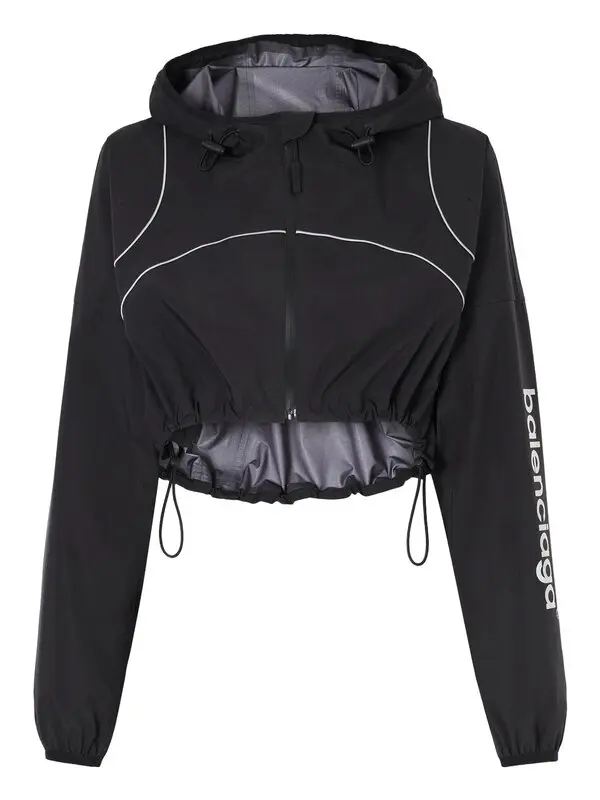 Balenciaga Cropped Hooded Shell Jacket With White Piping - Black