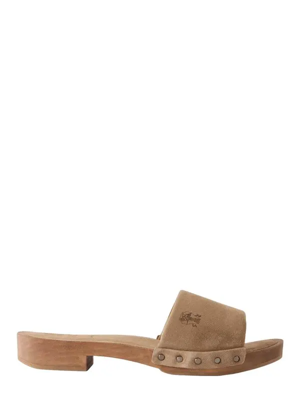 Brunello Cucinelli Suede Clogs With Wooden Sole - Neutrals