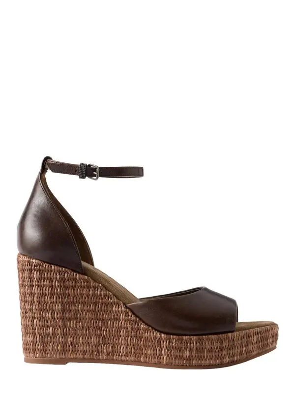 Brunello Cucinelli Embellished Leather Platform Wedge Espadrille Sandals - Brown