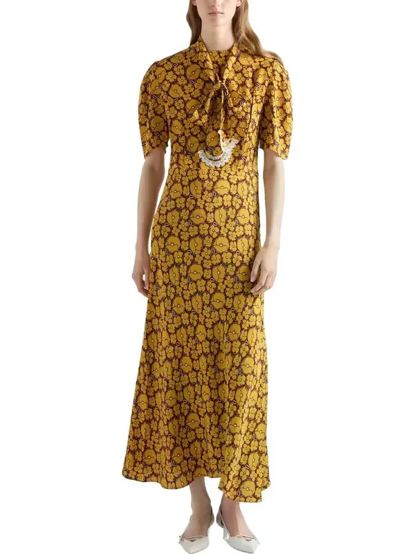 Prada Embroidered Printed Sable Dress - Yellow