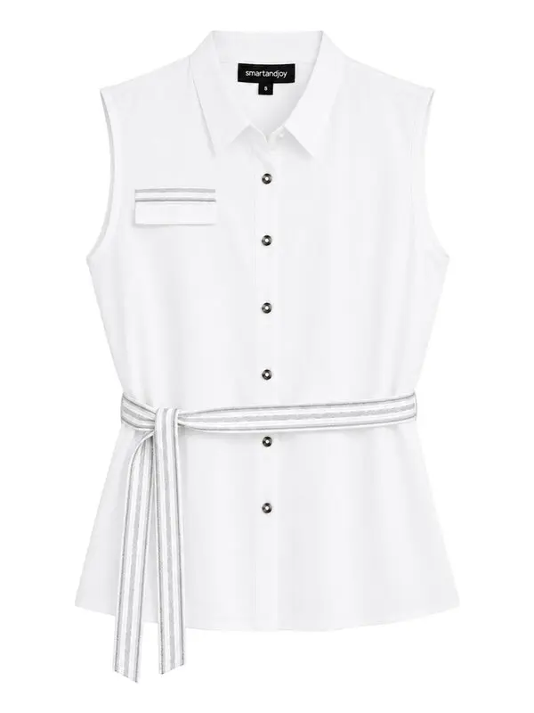 SMART AND JOY Sleeveless Shirt With Trimming And Belt - White