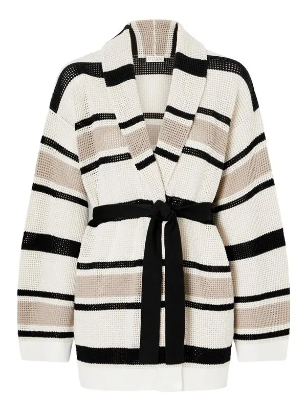 Brunello Cucinelli Belted Open-knit Striped Cotton Cardigan - Multi
