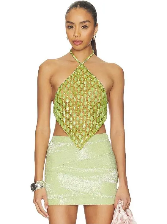 MAY MASHIAH Halterneck Embellished Beaded Top - Apple