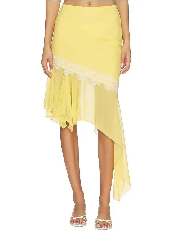 MORE TO COME Asymmetrical Lace Trim Midi Skirt - Baby Yellow