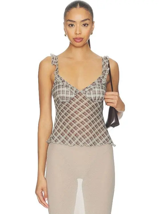 MORE TO COME Ariadne Top With Ruffle Straps - Brown Plaid