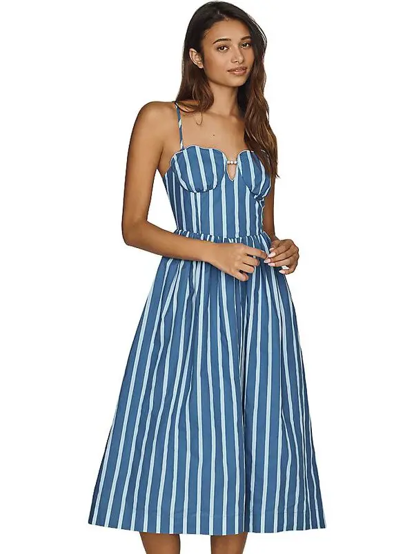 English Factory Striped Midi Dress With Pearl Detail - Blue Stripe