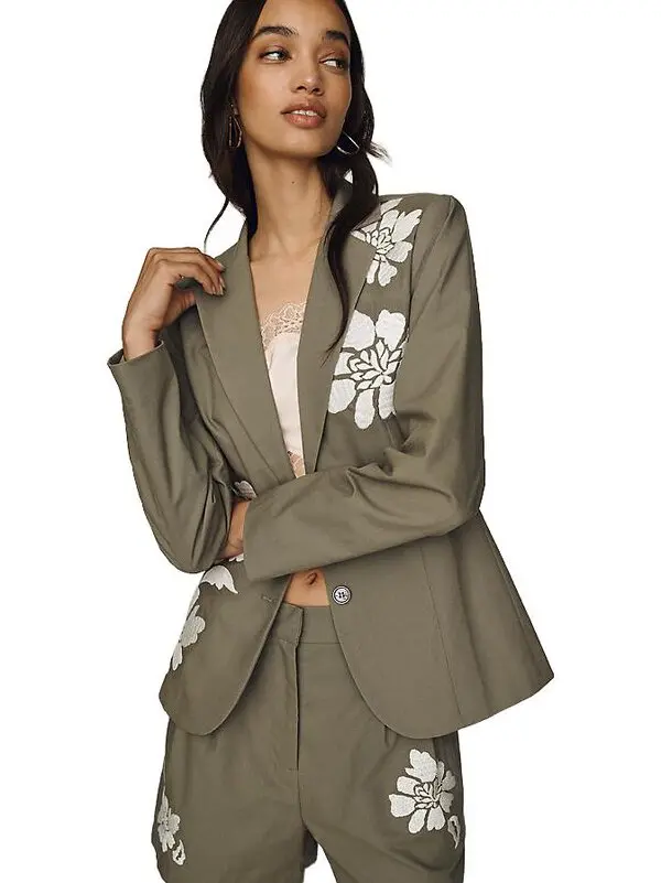DOLAN LEFT COAST Embroidered Belted Cotton Linen Blazer - Light Green