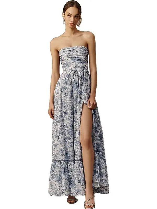 V. CHAPMAN Strapless Floral Maxi Dress - Large Blue Toile
