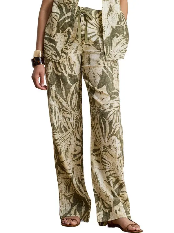 Ralph Lauren Linen Palm Frond Print Wide-leg Trousers - Olive Multi