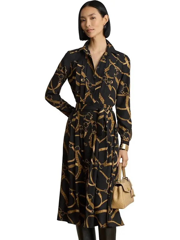 Ralph Lauren Belting Print Pleated Crepe Shirtdress - Black/tan