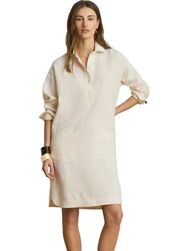 Ralph Lauren Linen Shirtdress With Spread Collar And Pockets - Mascarpone Cream