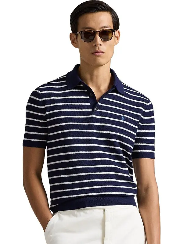 Ralph Lauren Striped Cotton-linen Short-sleeve Polo Sweater - Bright Navy Combo